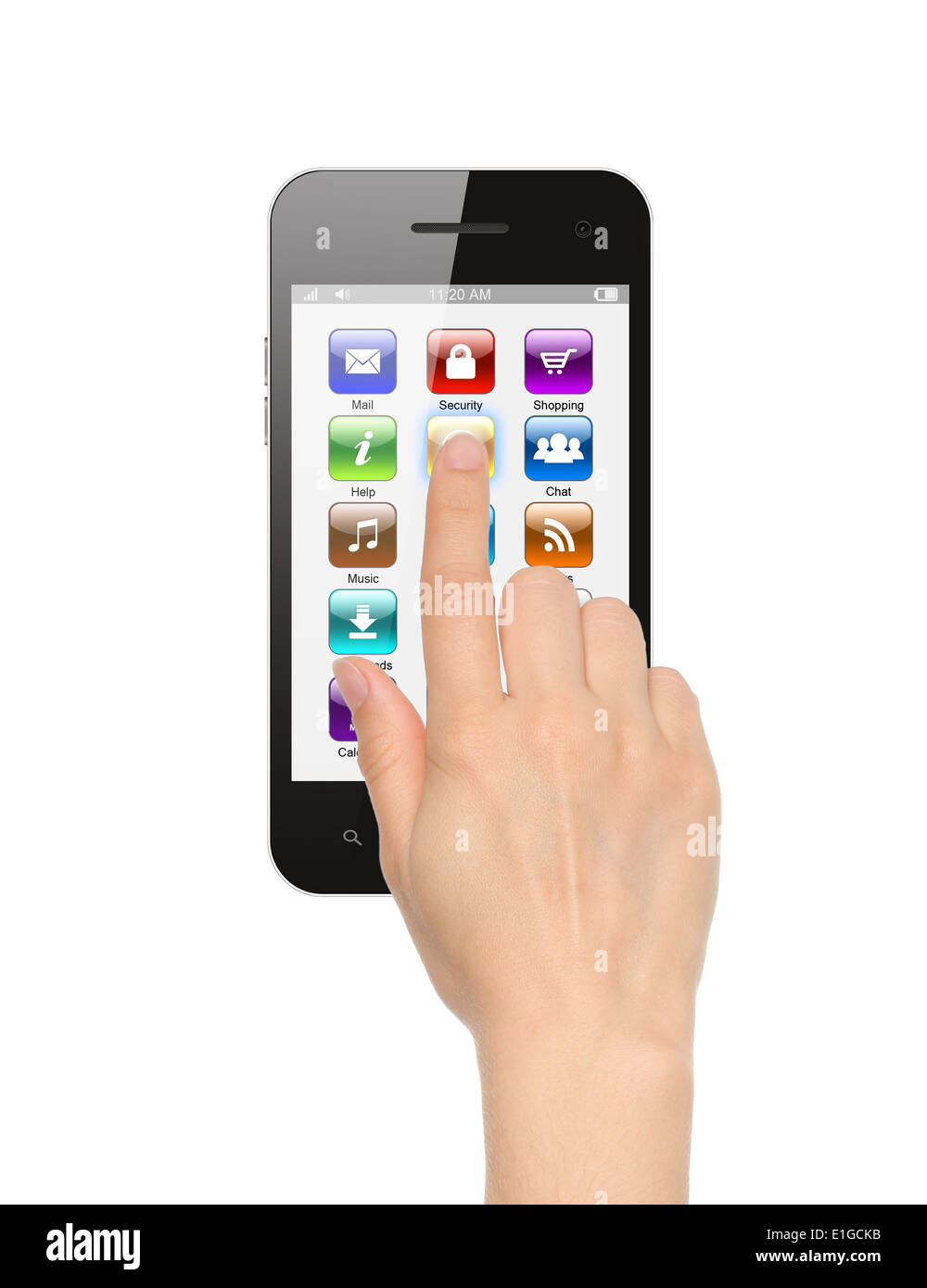 Hand pushing icon on smart phone on white background Stock Photo - Alamy