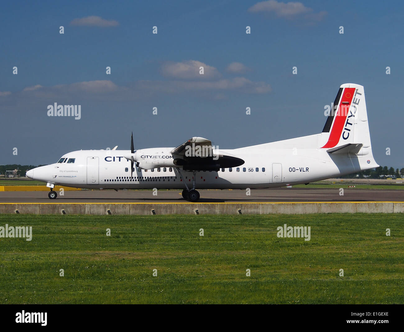 Cityjet Fokker F50 (OO-VLR) is shown at Schiphol Airport in the ...