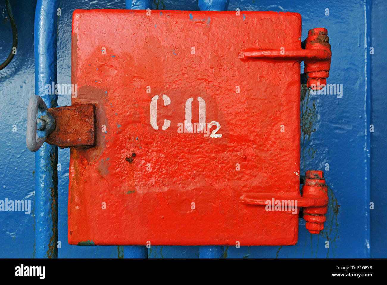 Red hatch at the upper deck of the feeder ship MS Emma, 20 July 2012 ...