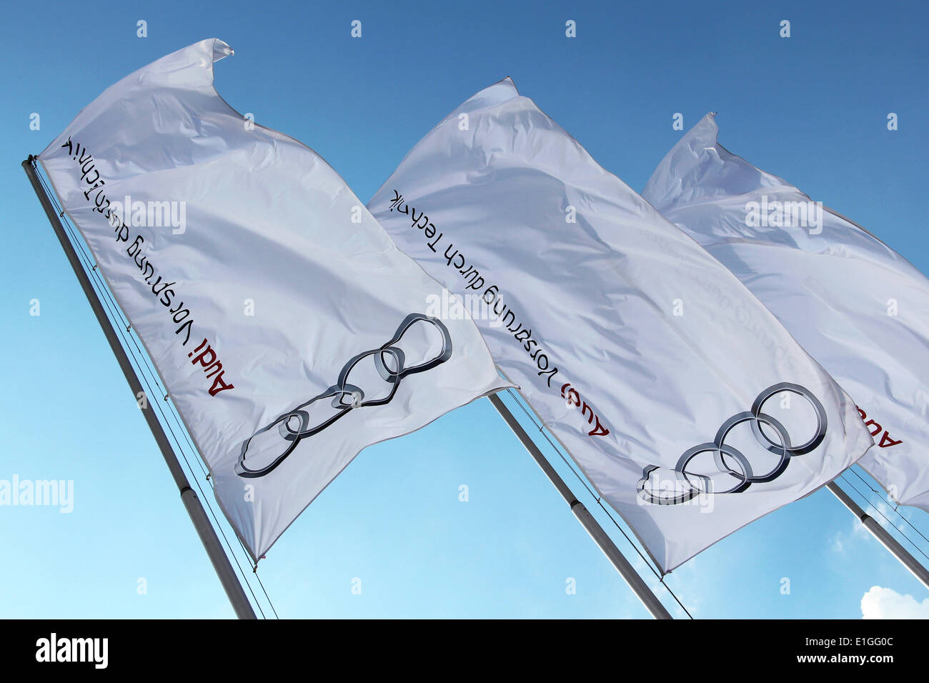 Germany: Flags in front of AUDI AG headquarters in Ingolstadt . 2014/04 ...