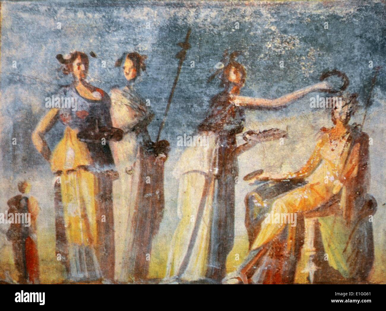 Greek fresco depicting a coronation of a cult leader from the Casa d ...