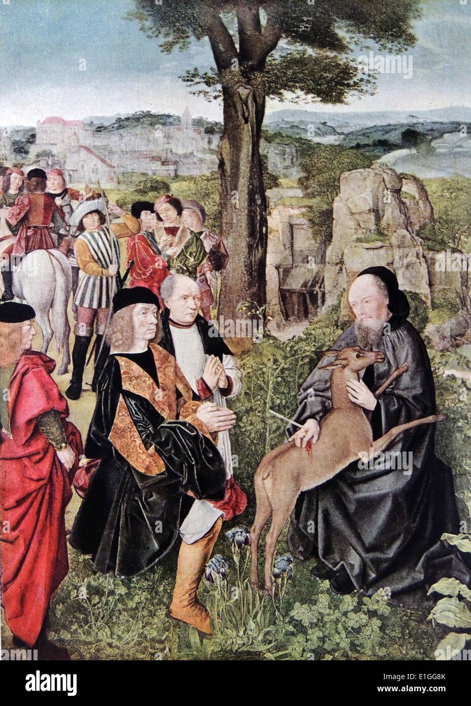 St Giles and the Hind. The painting depicts the King of France kneeling ...