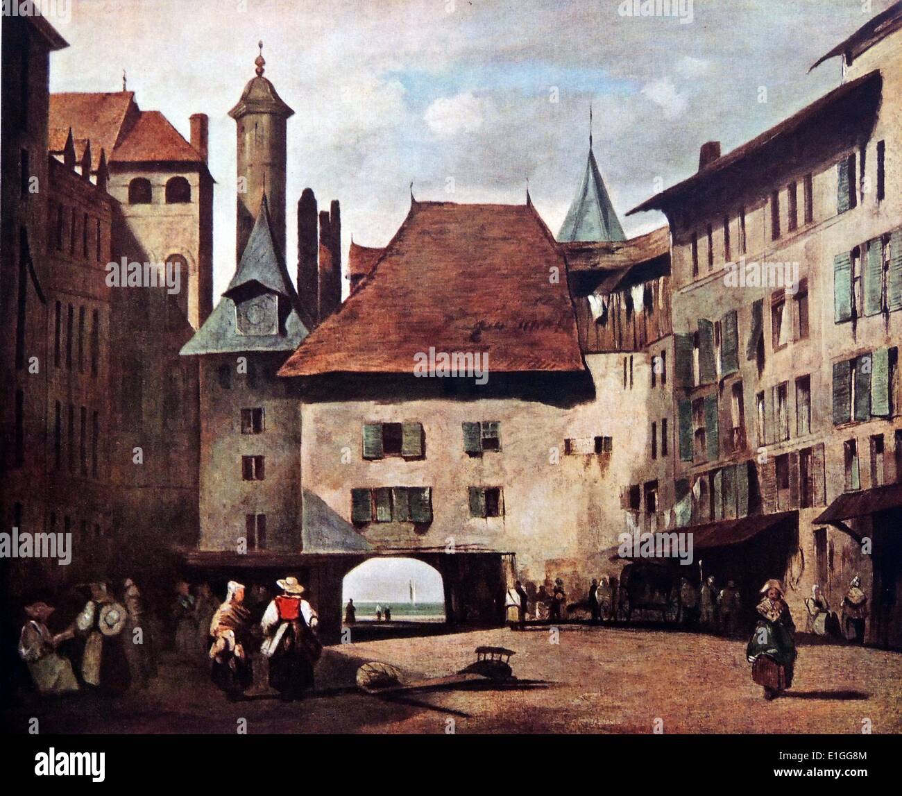 Place de Molard, Geneva. Oil painting depicting the Molard during the ...