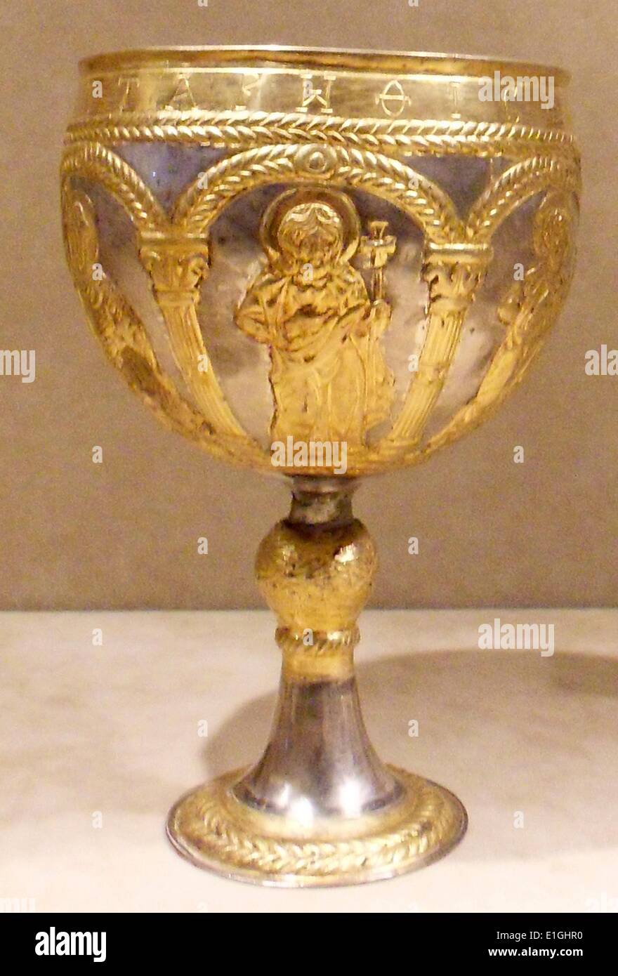 Medieval Chalice, Silver with gilding showing a youthful Christ Stock ...