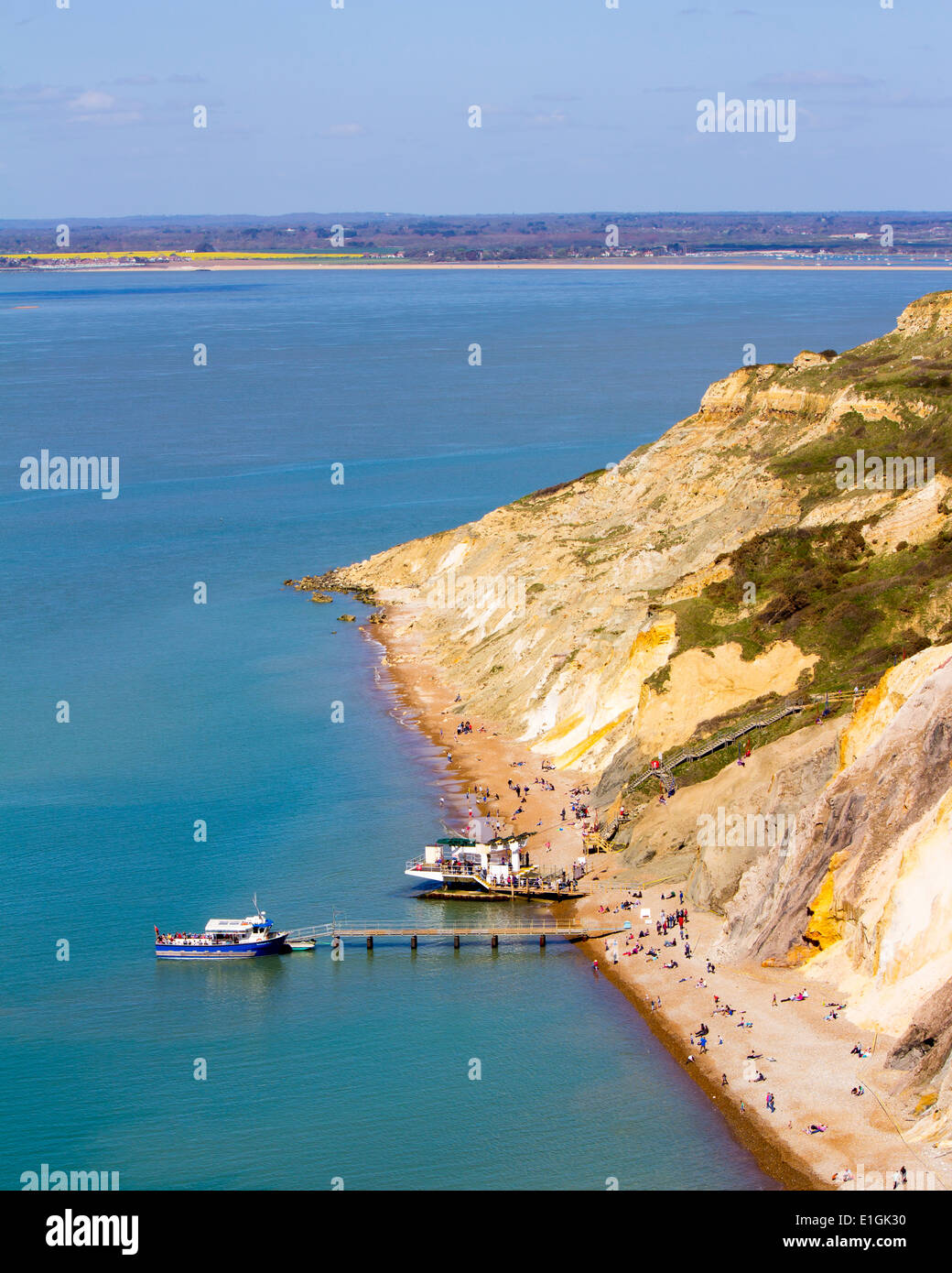 Overlooking the beach and colourful sandy cliffs at Alum Bay on the ...