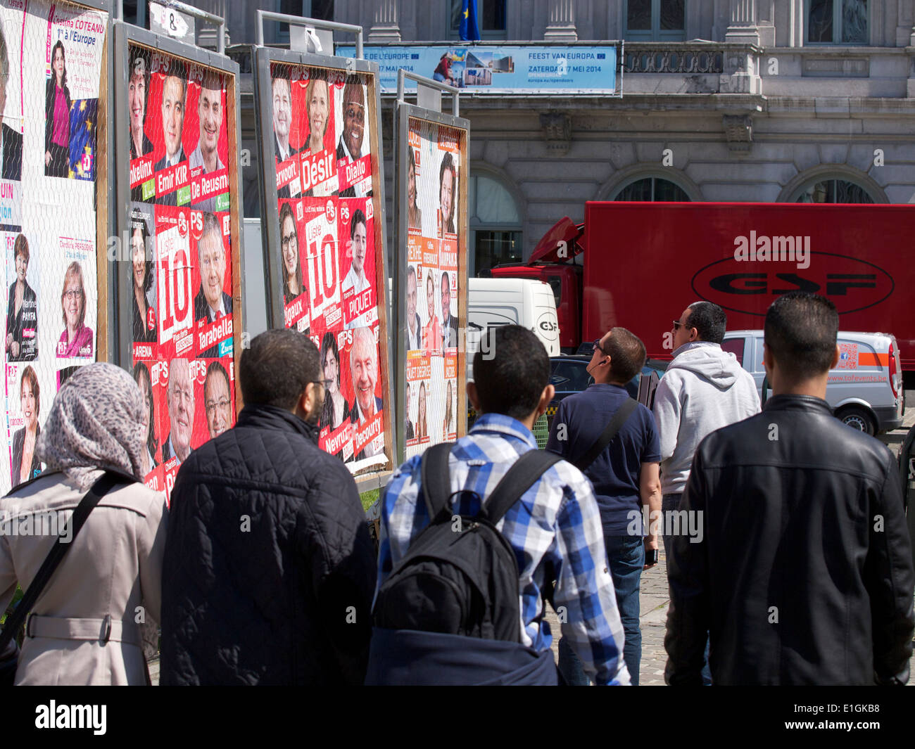 People with European election posters on Luxembourg square in Brussels ...