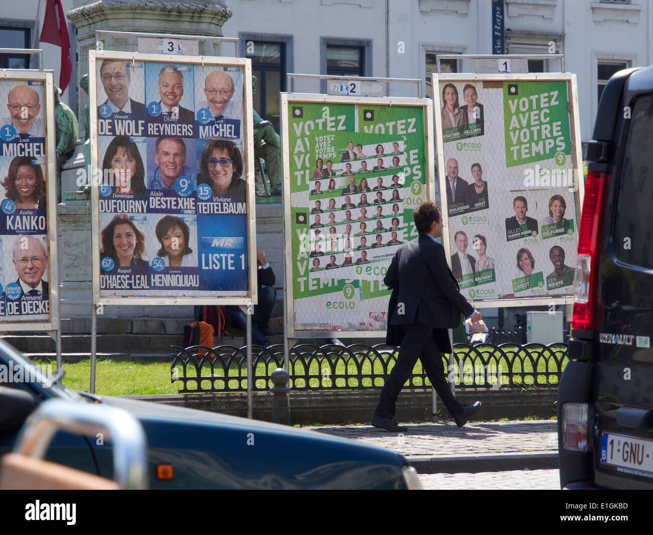Man walking past european election posters on Luxembourg square in ...
