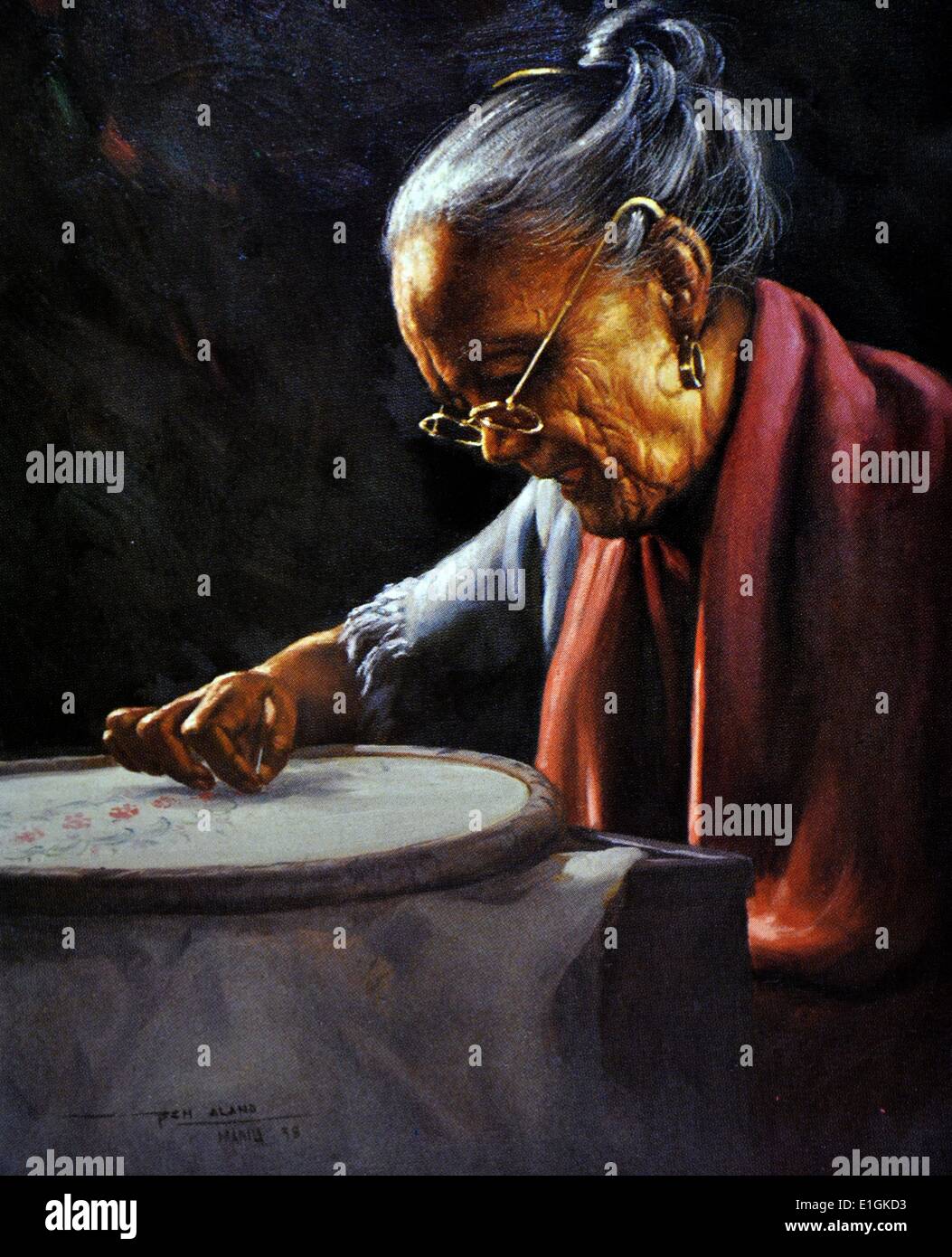 Ben Alano, La Vieja Bordadora, 1958. Oil on canvas Stock Photo - Alamy