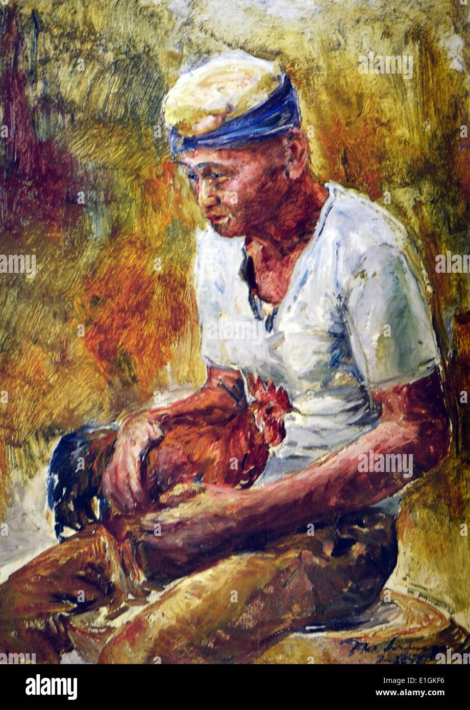 Diosdado Lorenzo, Man with Rooster, 1977. Oil on canvas Stock Photo - Alamy