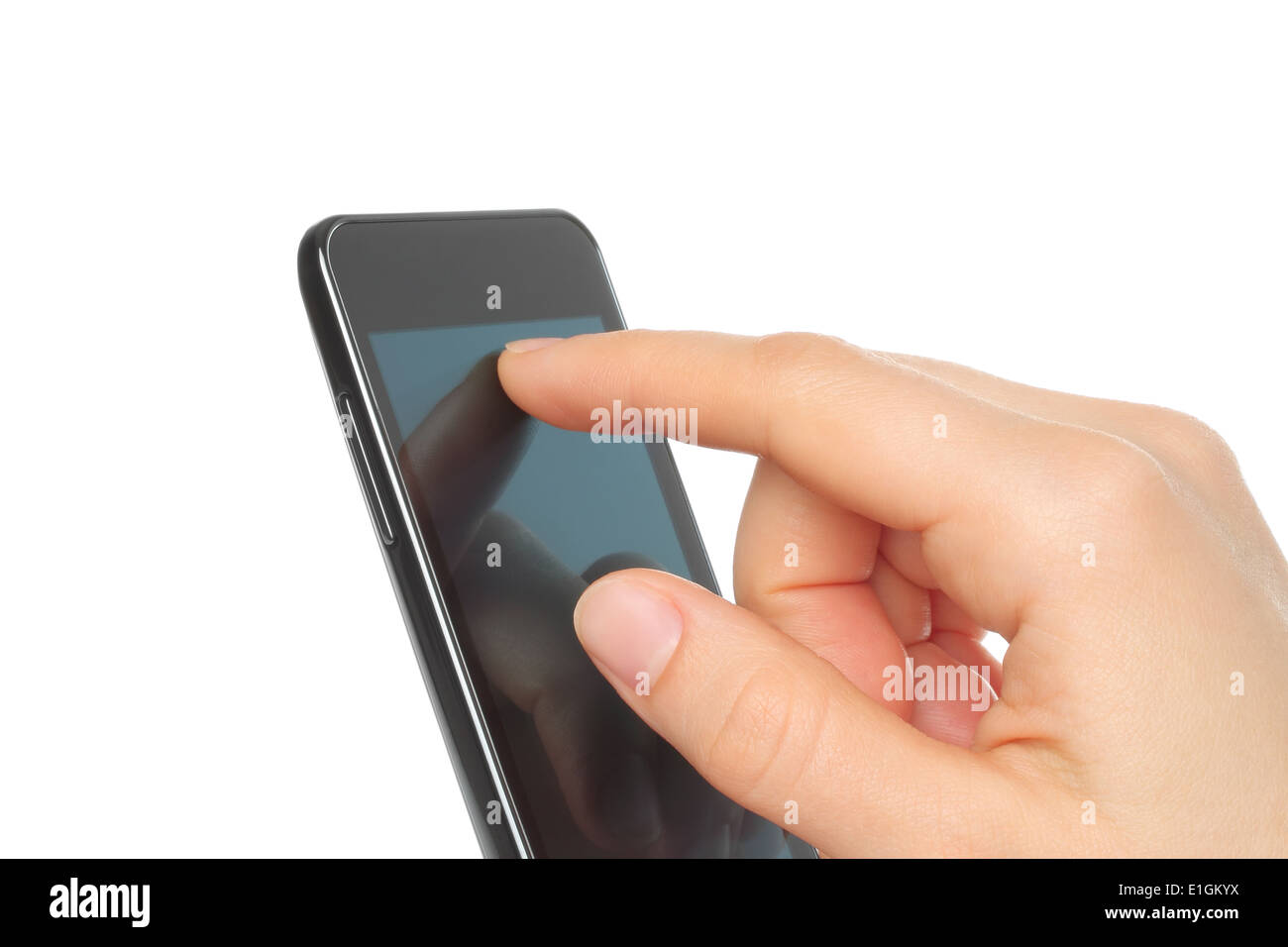 Hand toching smart phone isolated on white background Stock Photo - Alamy