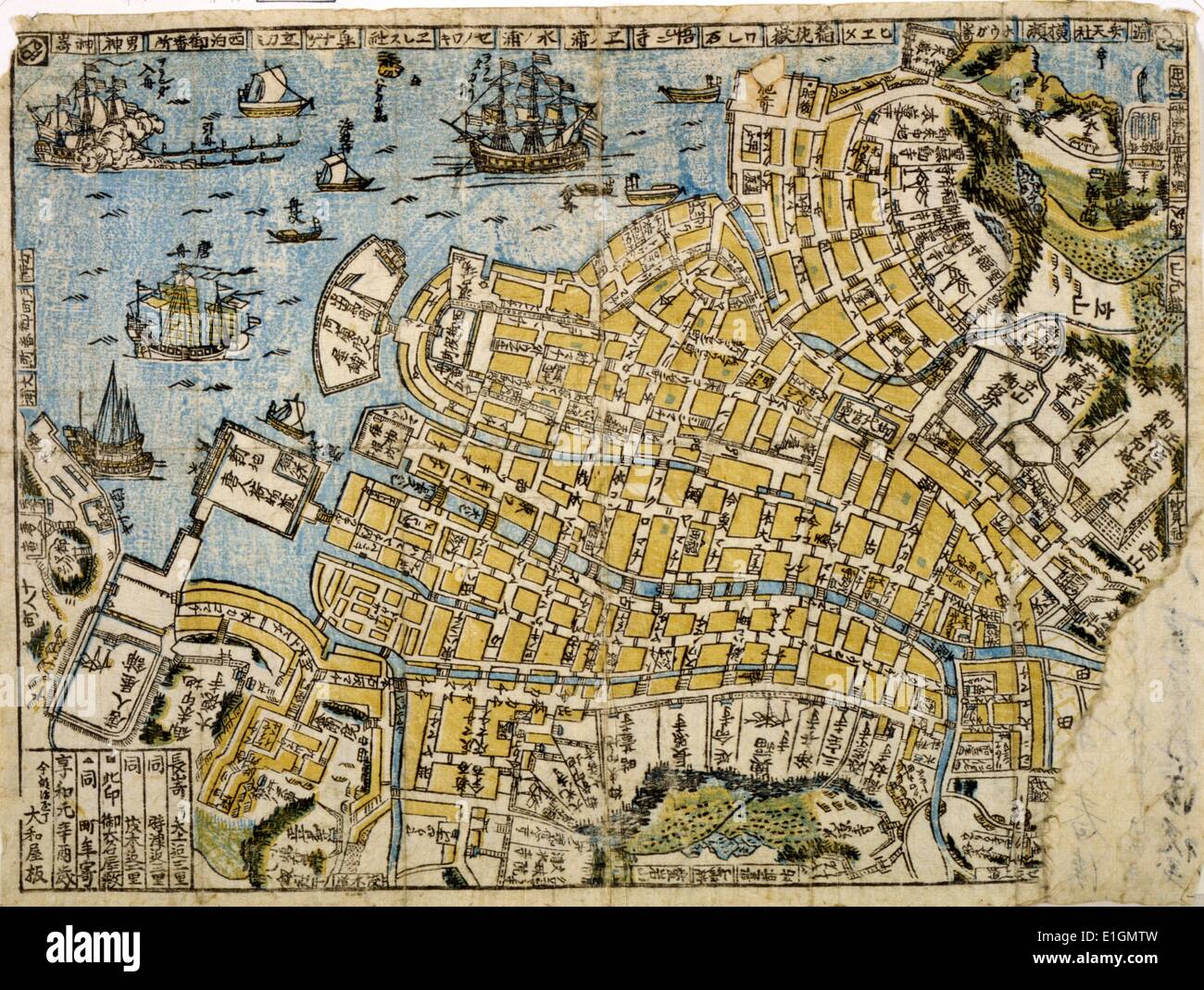 Colour woodcut map of the Nagasaki harbor area. Created by Yamato-Ya ...