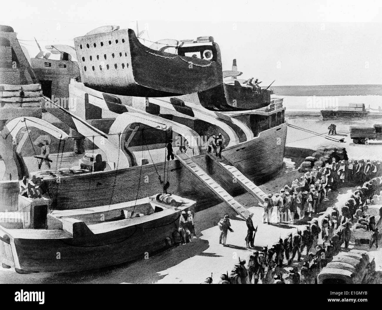 Photograph of American troops embarking aboard a British ship. Under ...