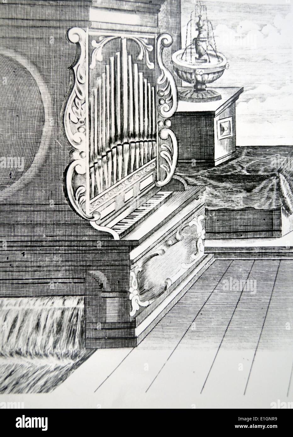 A fountain and an organ working with the power of water. Engraving from ...