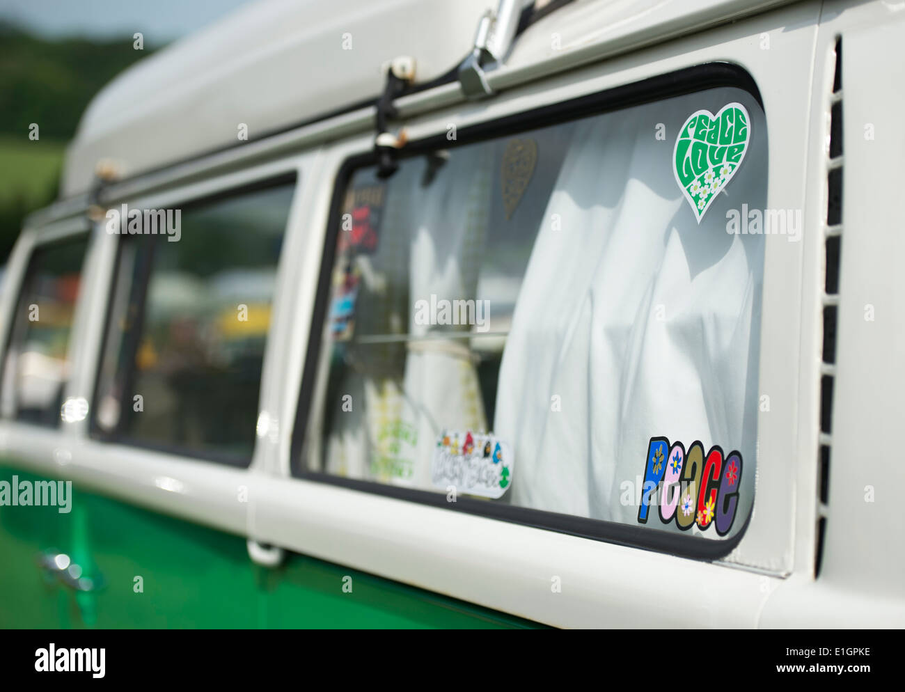 Peace and love stickers in the window of a VW Campervan Stock Photo - Alamy