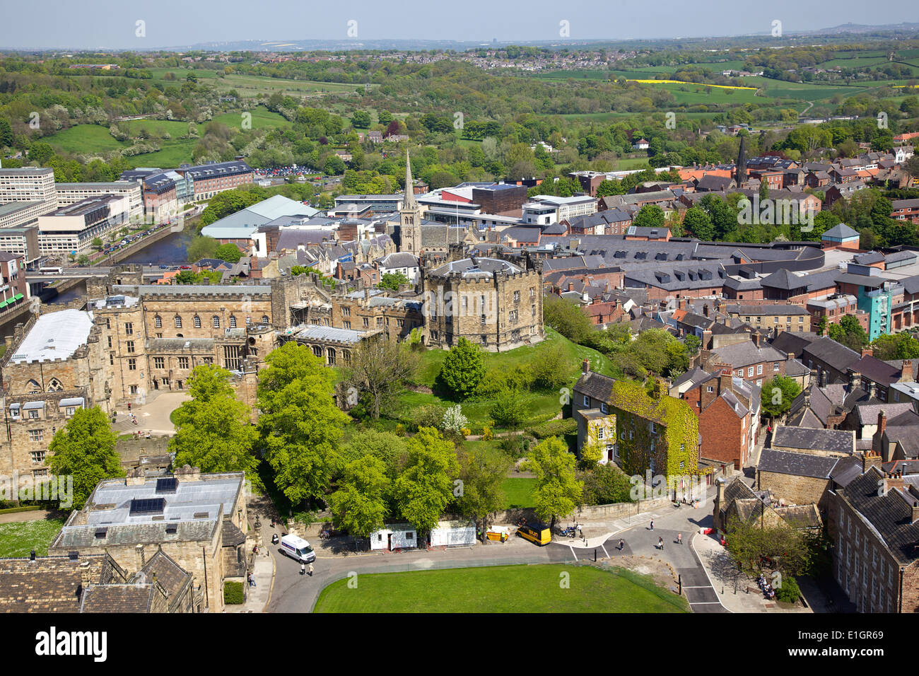 An aerial view of Durham Castle, a Norman castle in the city of Durham ...