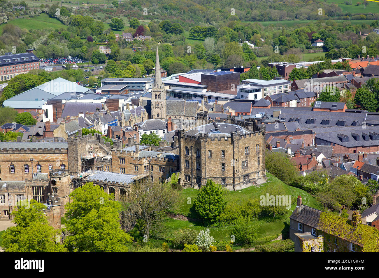 An aerial view of Durham Castle, a Norman castle in the city of Durham ...