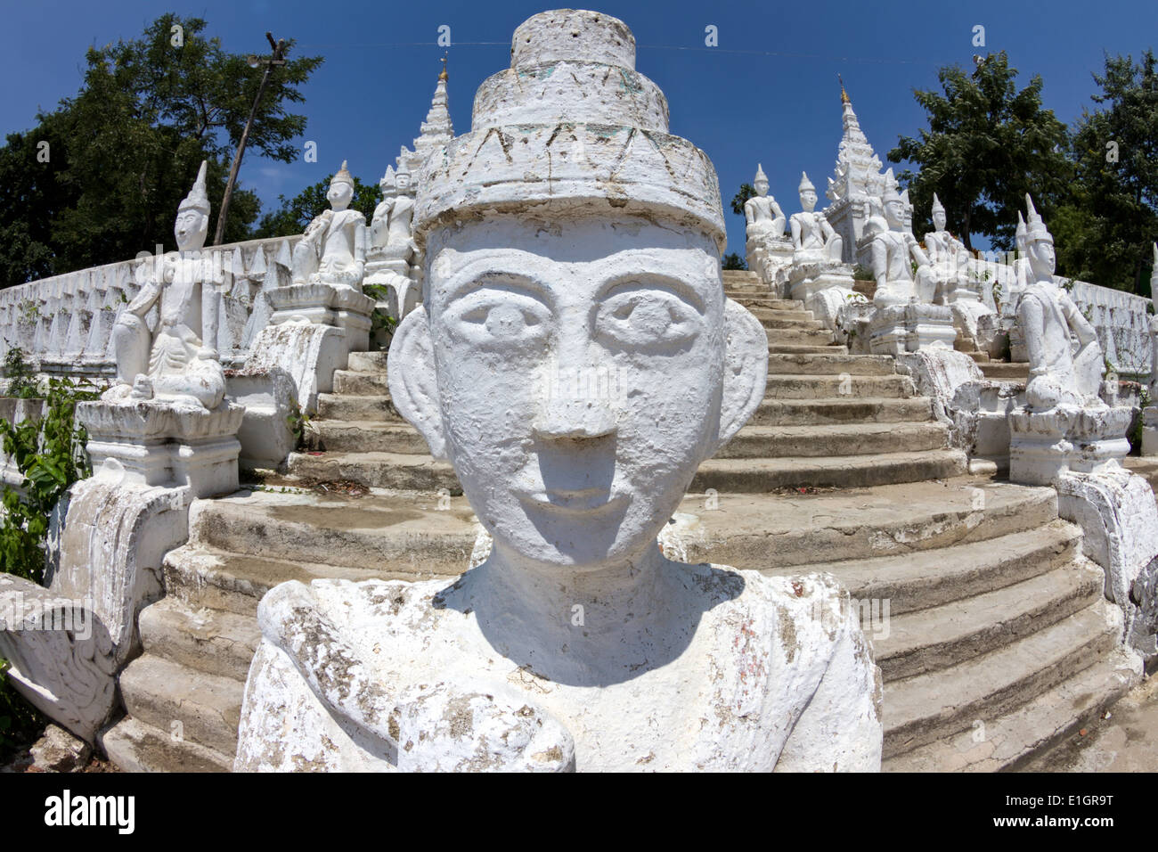 White guardian statues on a grand staircase Mingun Mandalay Burma Stock ...