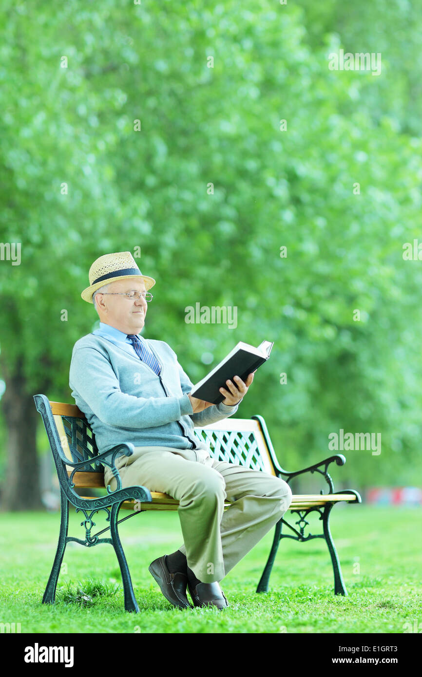 Senior man reading book on bench in park hi-res stock photography and ...