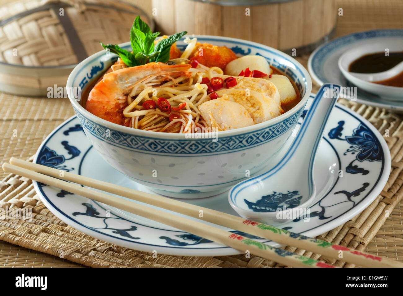 Laksa lemak. Malay curry laksa. Coconut curry noodle soup. Malaysia ...