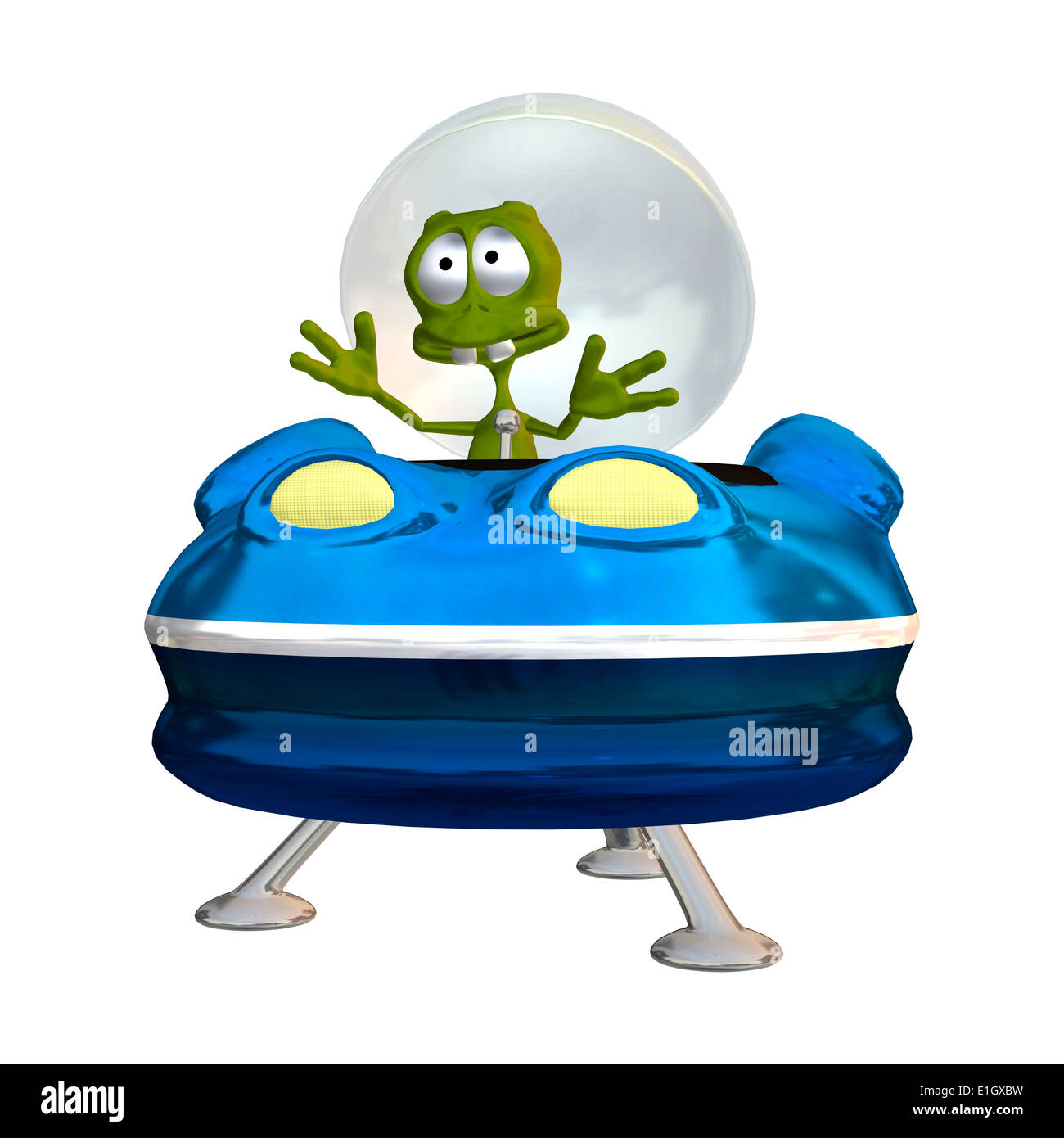 3D digital render of a cute alien in a blue spaceship isolated on white ...