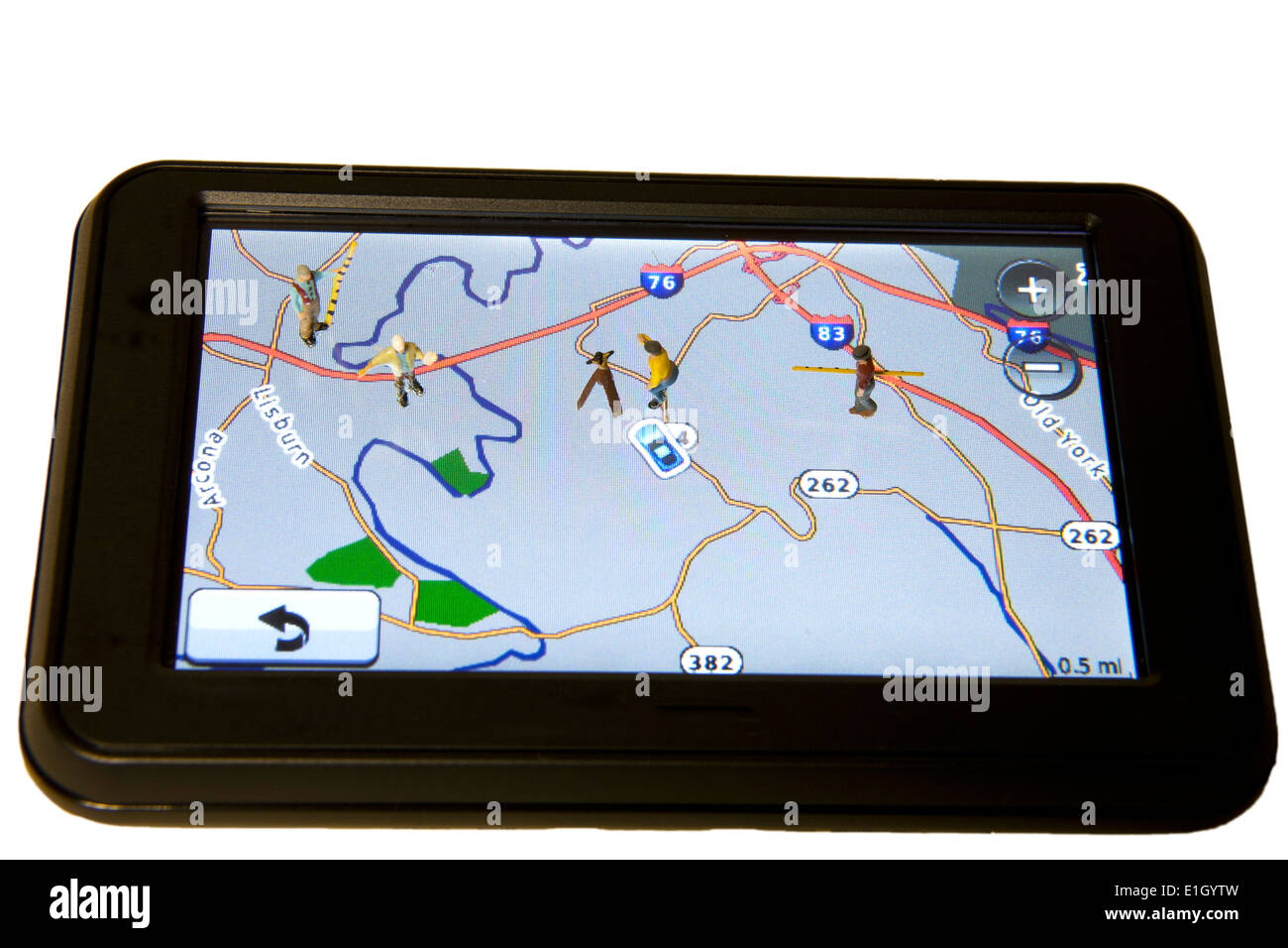 Portable GPS system showing road map with miniature construction survey ...