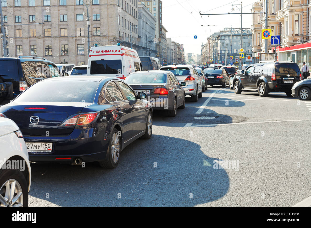 traffic congestion on Tverskaya street in Moscow, Russia in summer ...