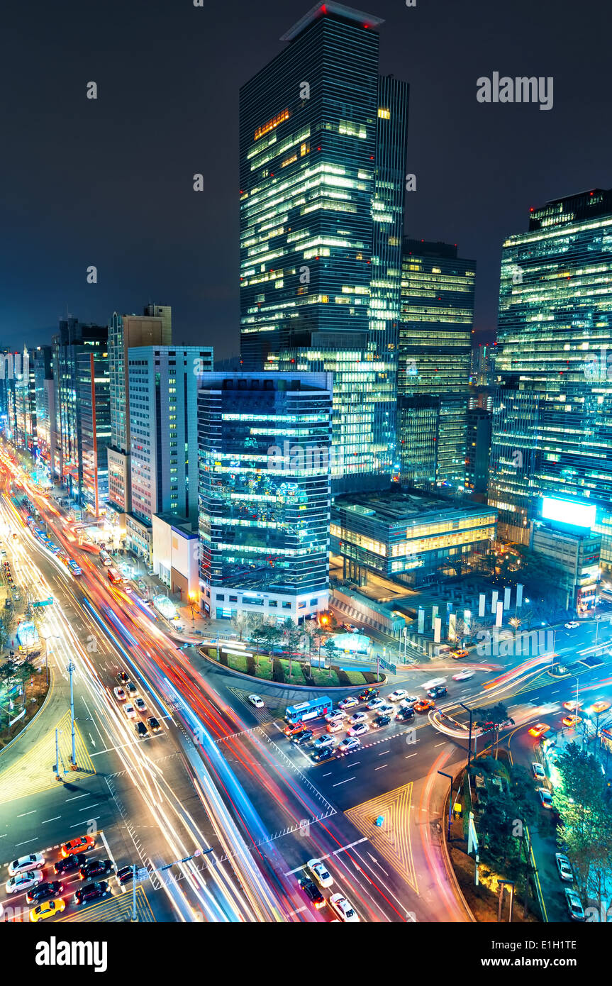 The skyscrapers of the Gangnam district at night in Seoul, South Korea ...