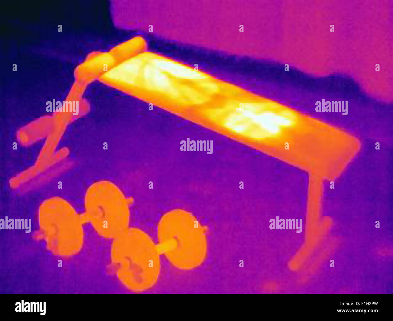 Thermal image of weight bench. The image shows the heat left on the ...