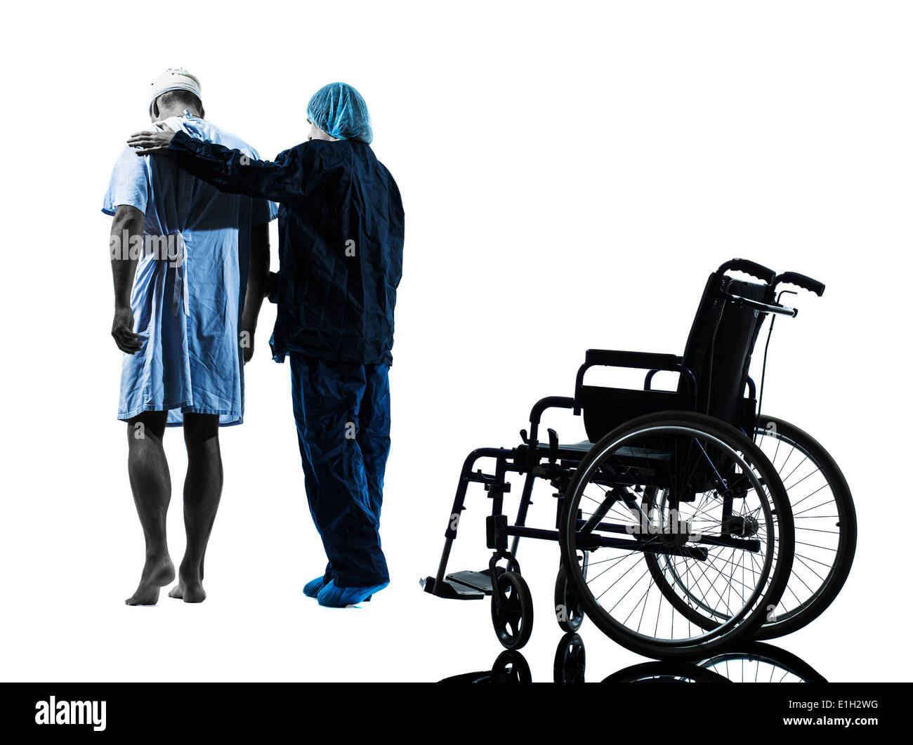 one injured man walking away from wheelchair with nurse in silhouette ...