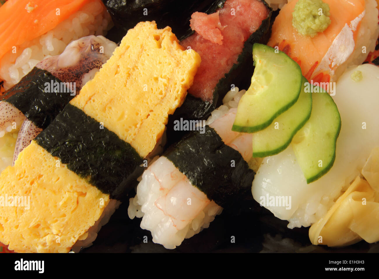Delicious Japanese sushi background Stock Photo - Alamy