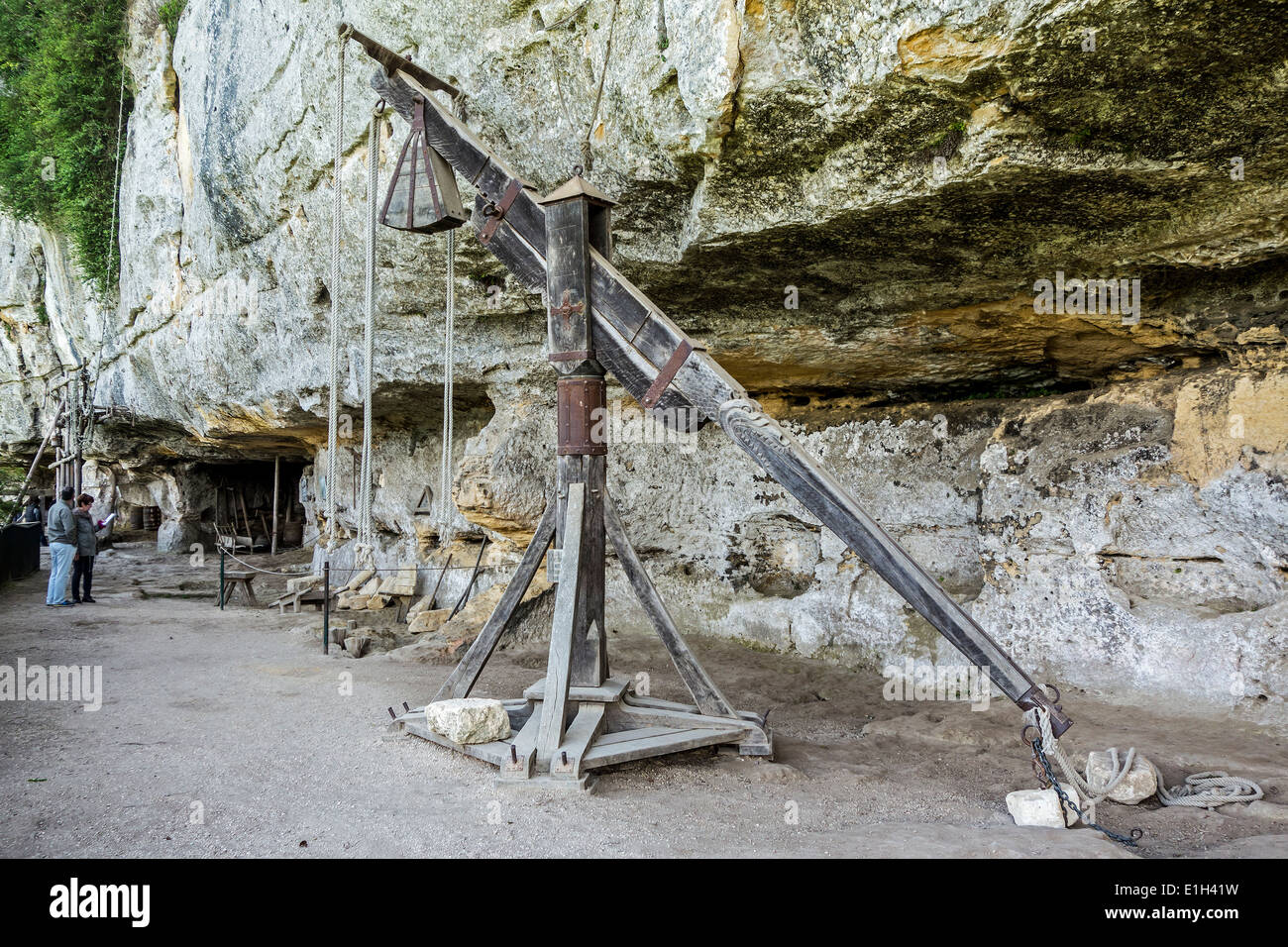 Medieval wooden derrick at stone quarry of the troglodyte town La Roque ...