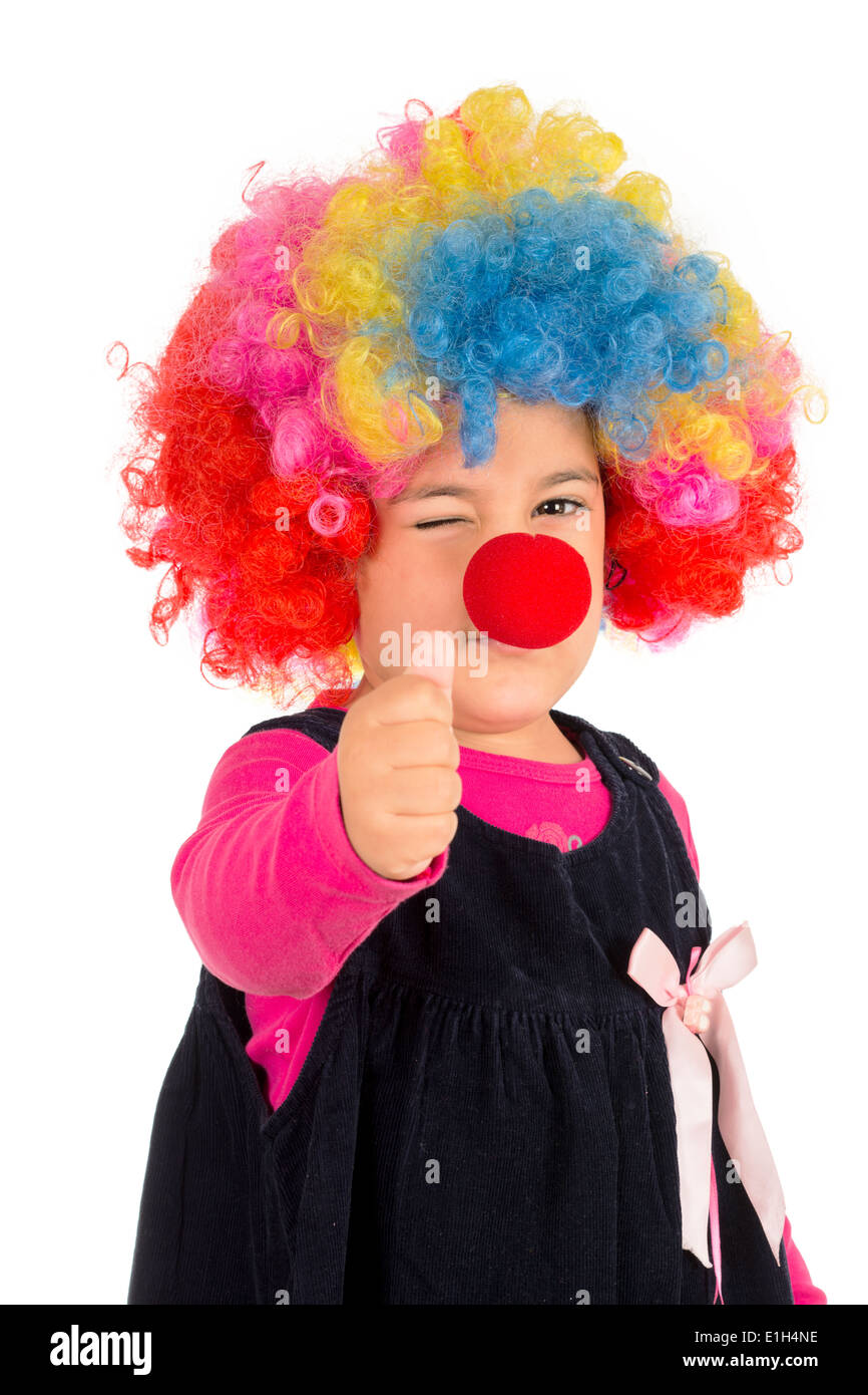 Portrait of positive little clown wit thumb up isolated on white ...