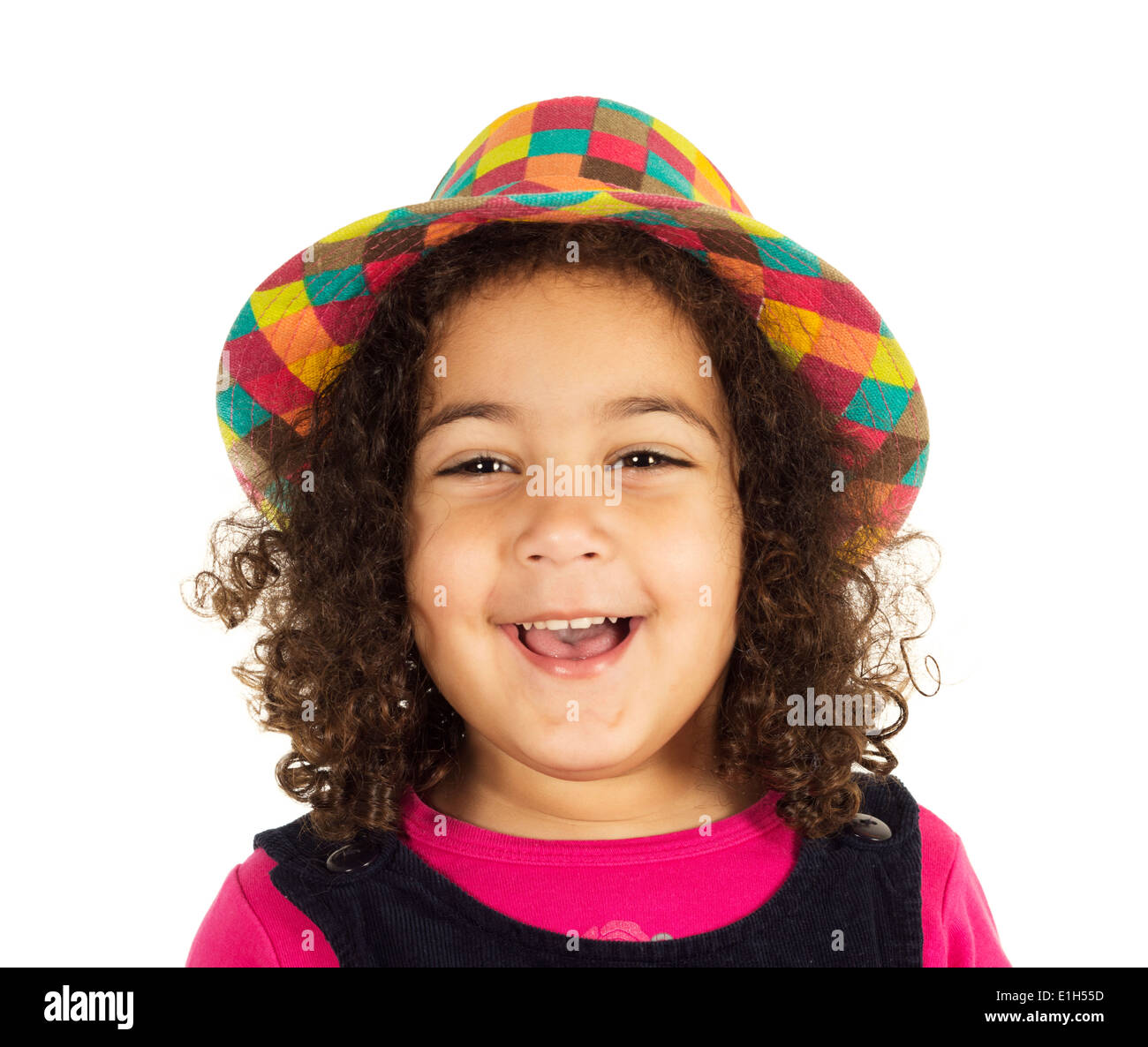 Portrait of positive little girl with smile on her face isolated on ...