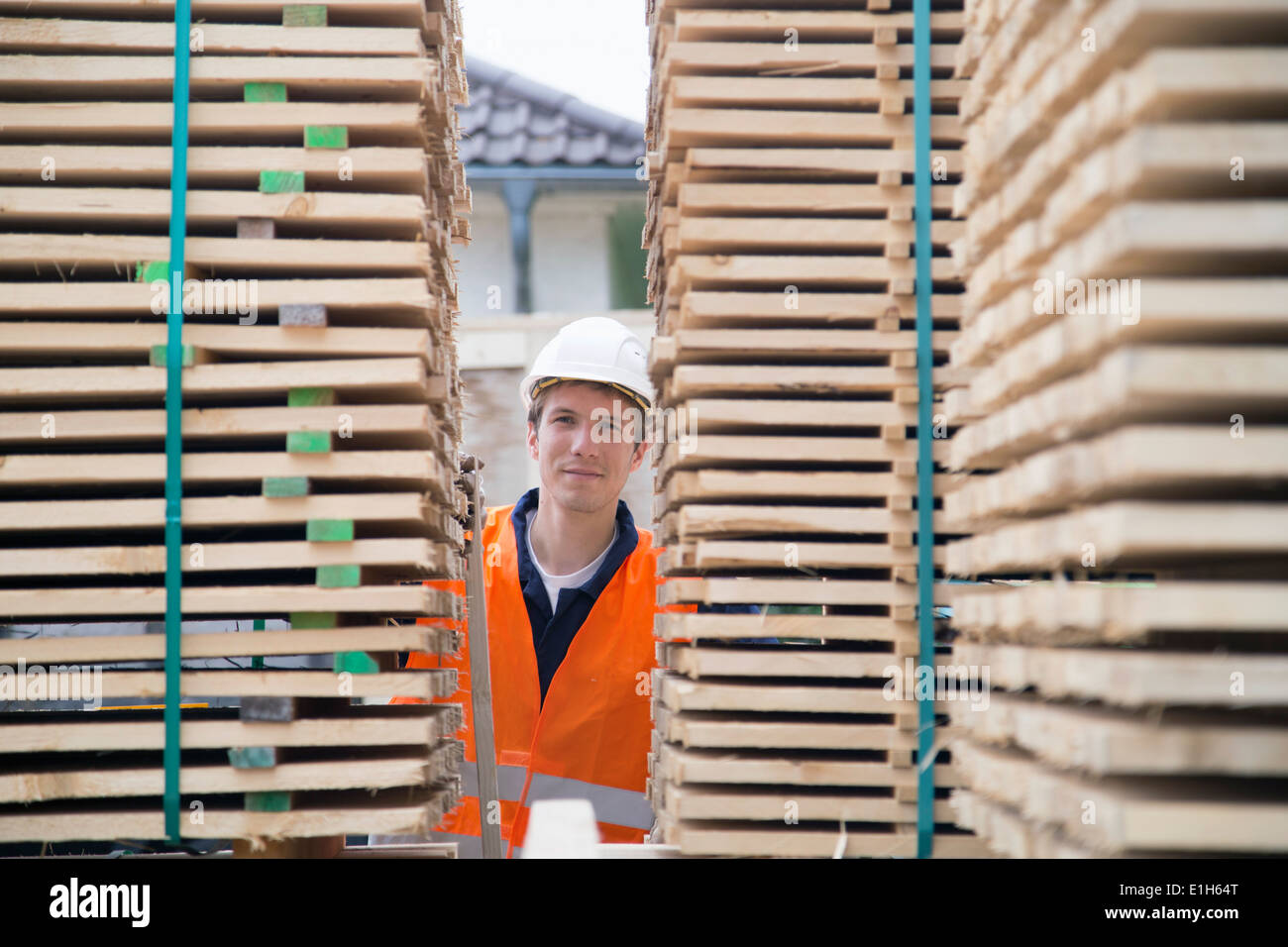 Portrait of young male worker between pallet stacks in timber yard ...