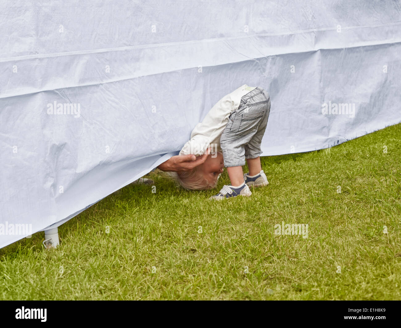 Young boy bending forward to reach fathers hand under tent Stock Photo ...