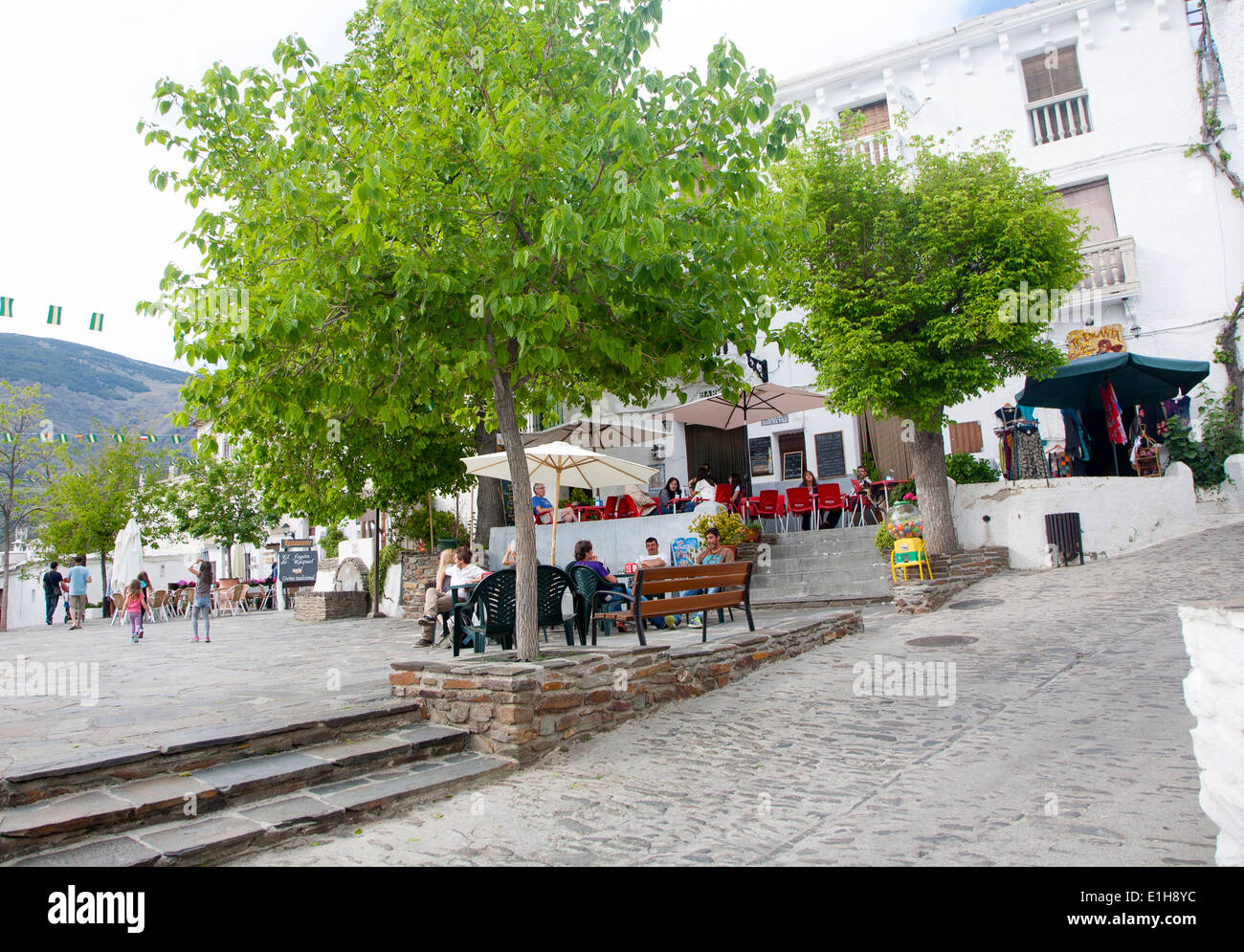 Cafes in square plaza village of Capileira, High Alpujarras, Sierra ...
