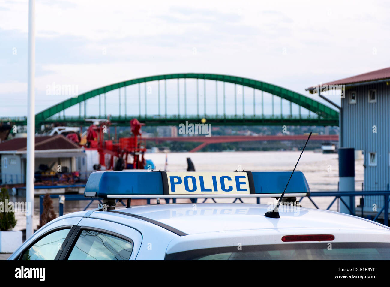 Police car near the ships dock.Selective focus on the police sign Stock ...
