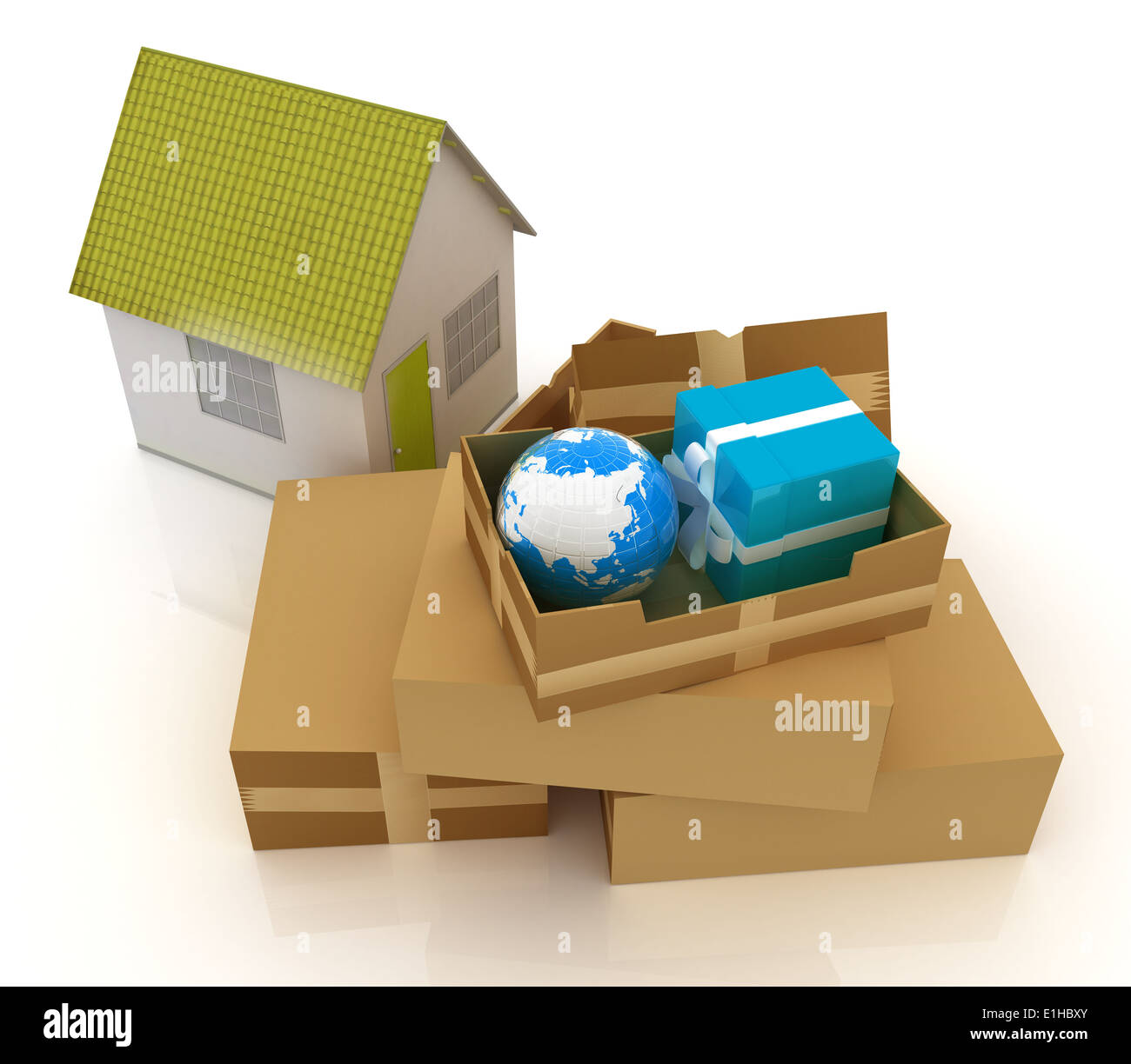 Cardboard boxes, gifts, earth and houses on a white background Stock ...