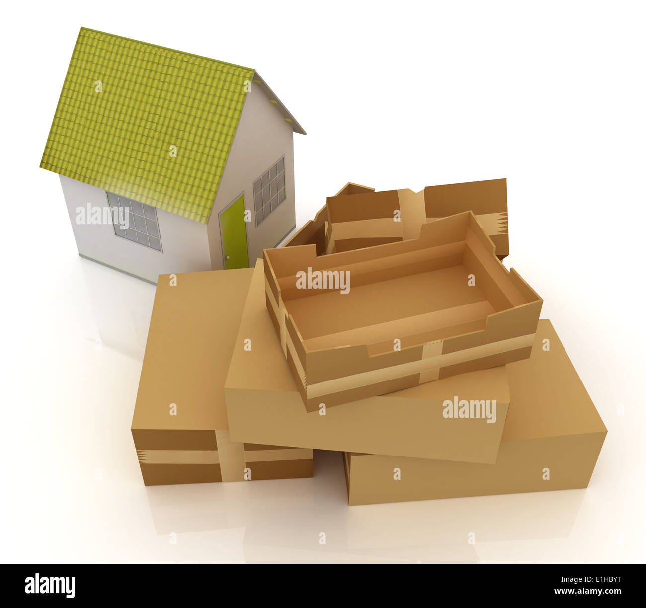 Cardboard boxes and house on a white background Stock Photo - Alamy