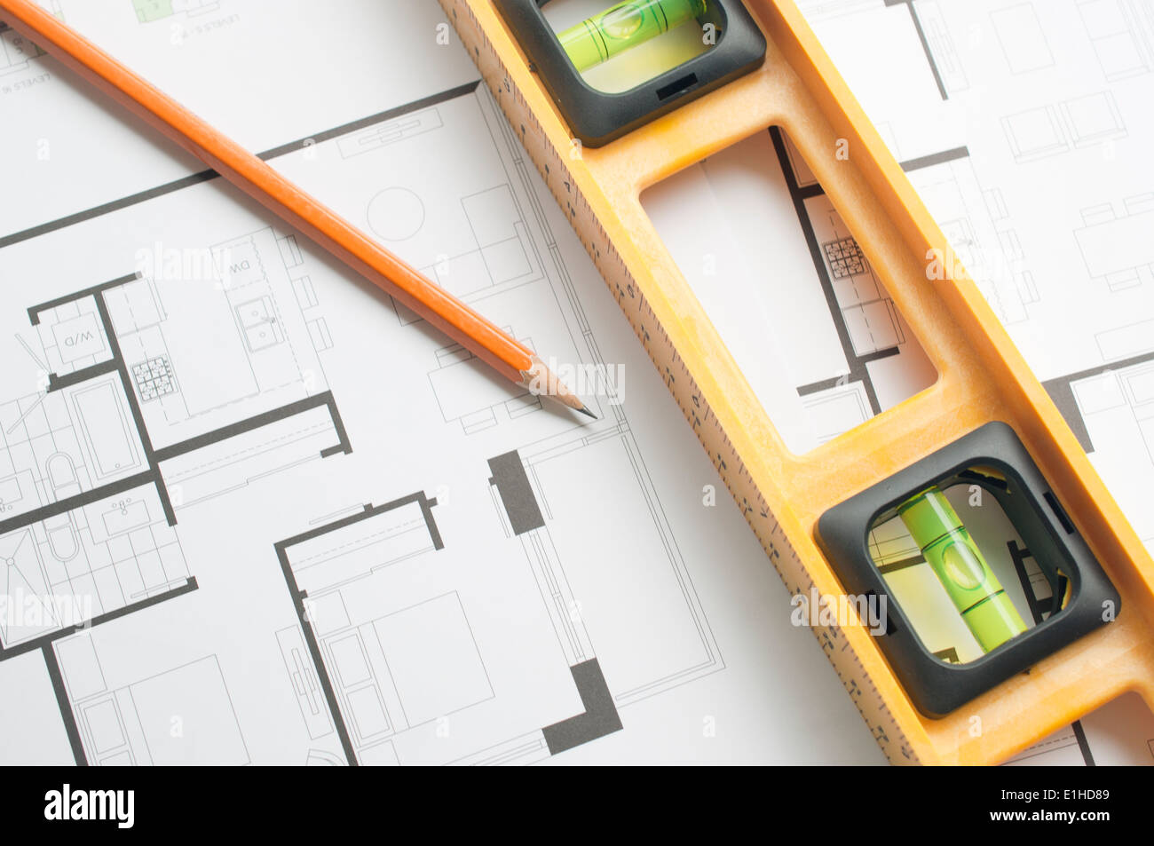 Level and pen on an architects plan Stock Photo - Alamy