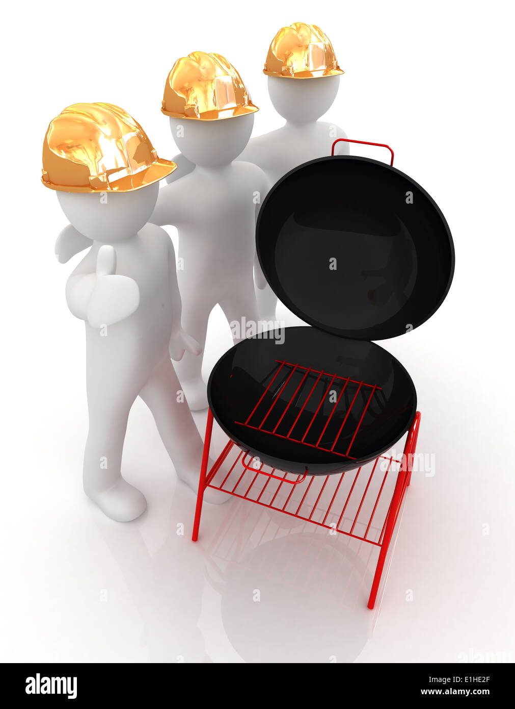 3d mans in a hard hat with thumb up and barbecue grill. On a white ...