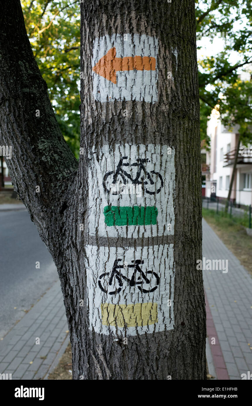 Bicycle route markers stenciled on a tree. Spala Central Poland Stock ...