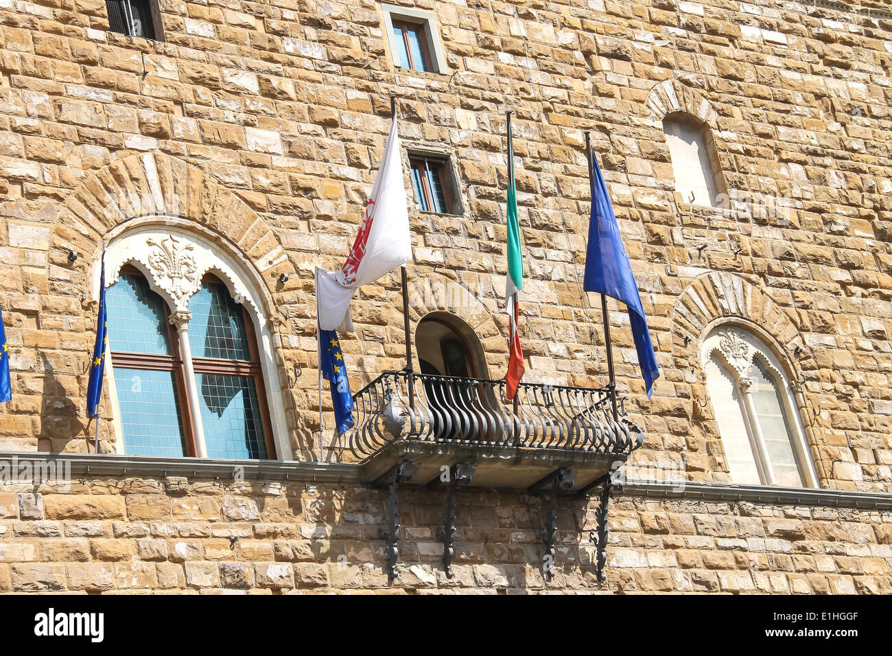 Flags on the balcony of the Palazzo Vecchio. Florence, Italy Stock ...