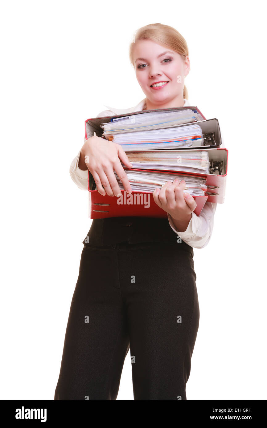 Young overworked business woman holding stack folders documents Stock ... Young overworked business woman holding stack folders documents Stock ...