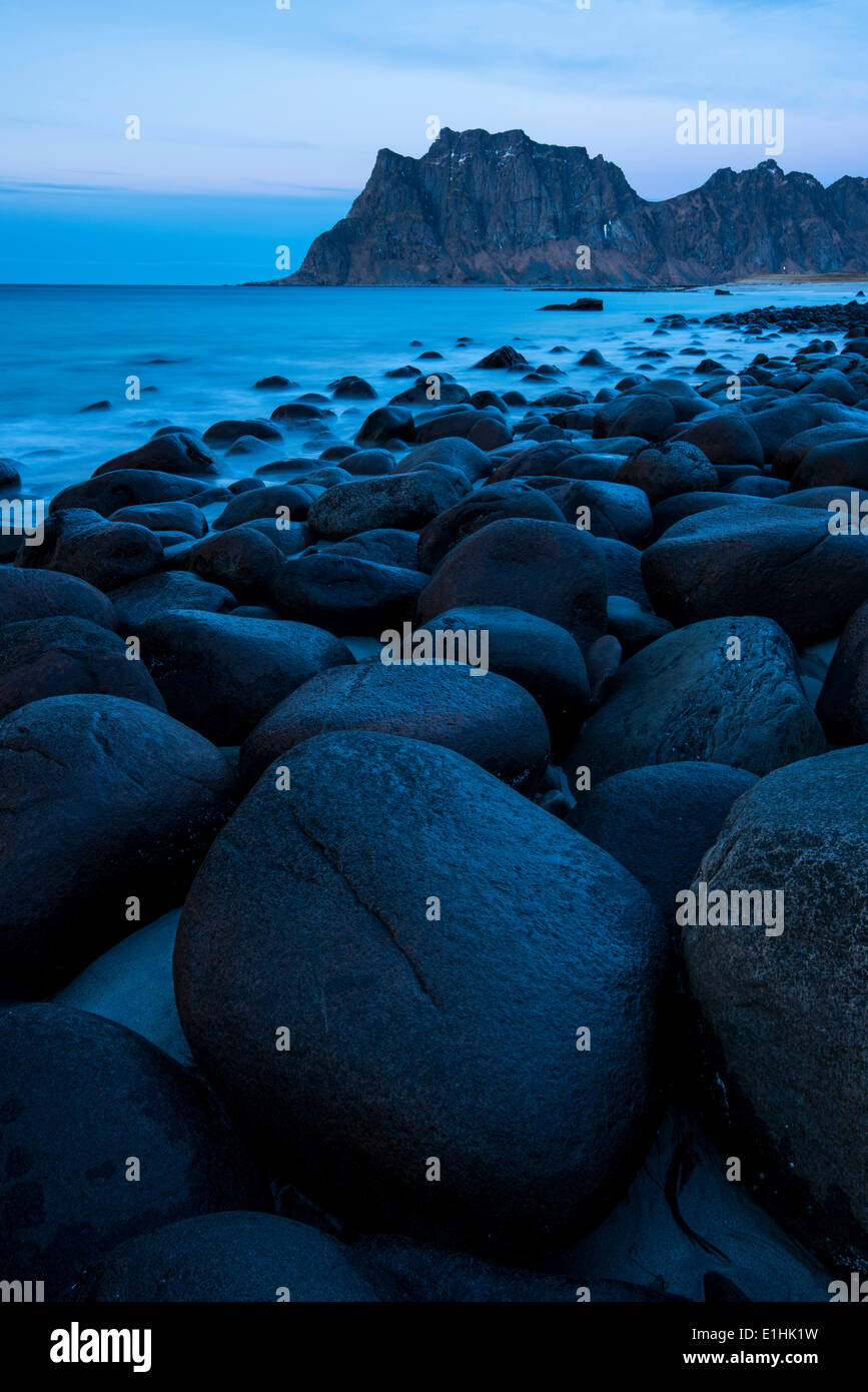 Round stones on the beach of Utakleiv, Vestvågøy, Lofoten, Norway Stock ...