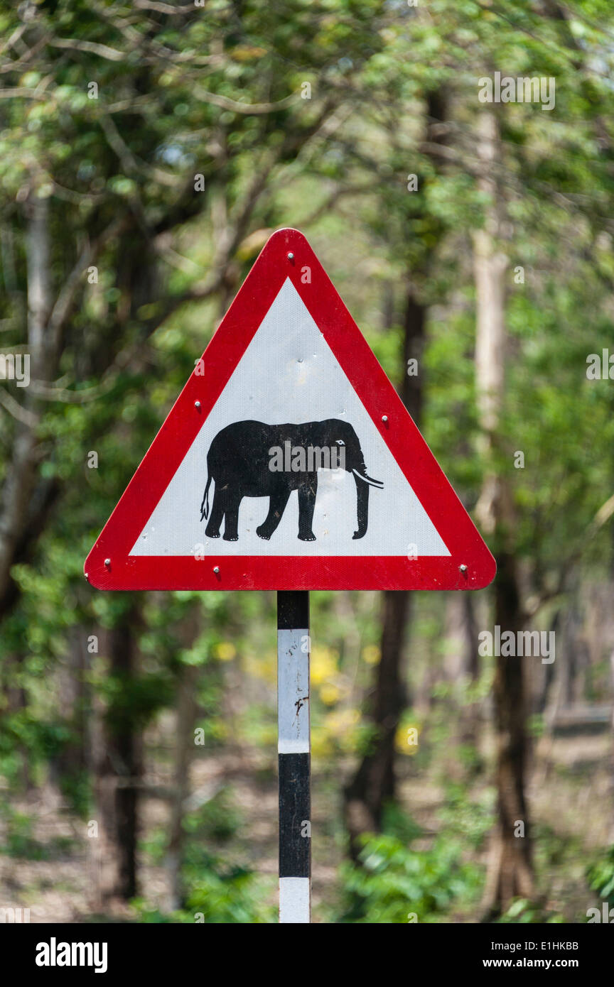Traffic signs, warning of crossing elephants, Nagarhole National Park ...
