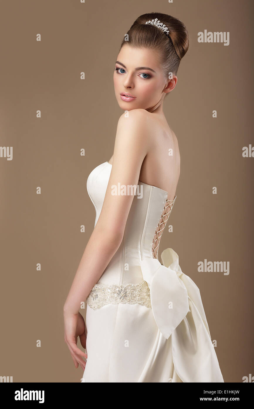 Formal Party. Rich Woman in White Dress with Bow Knot Stock Photo - Alamy
