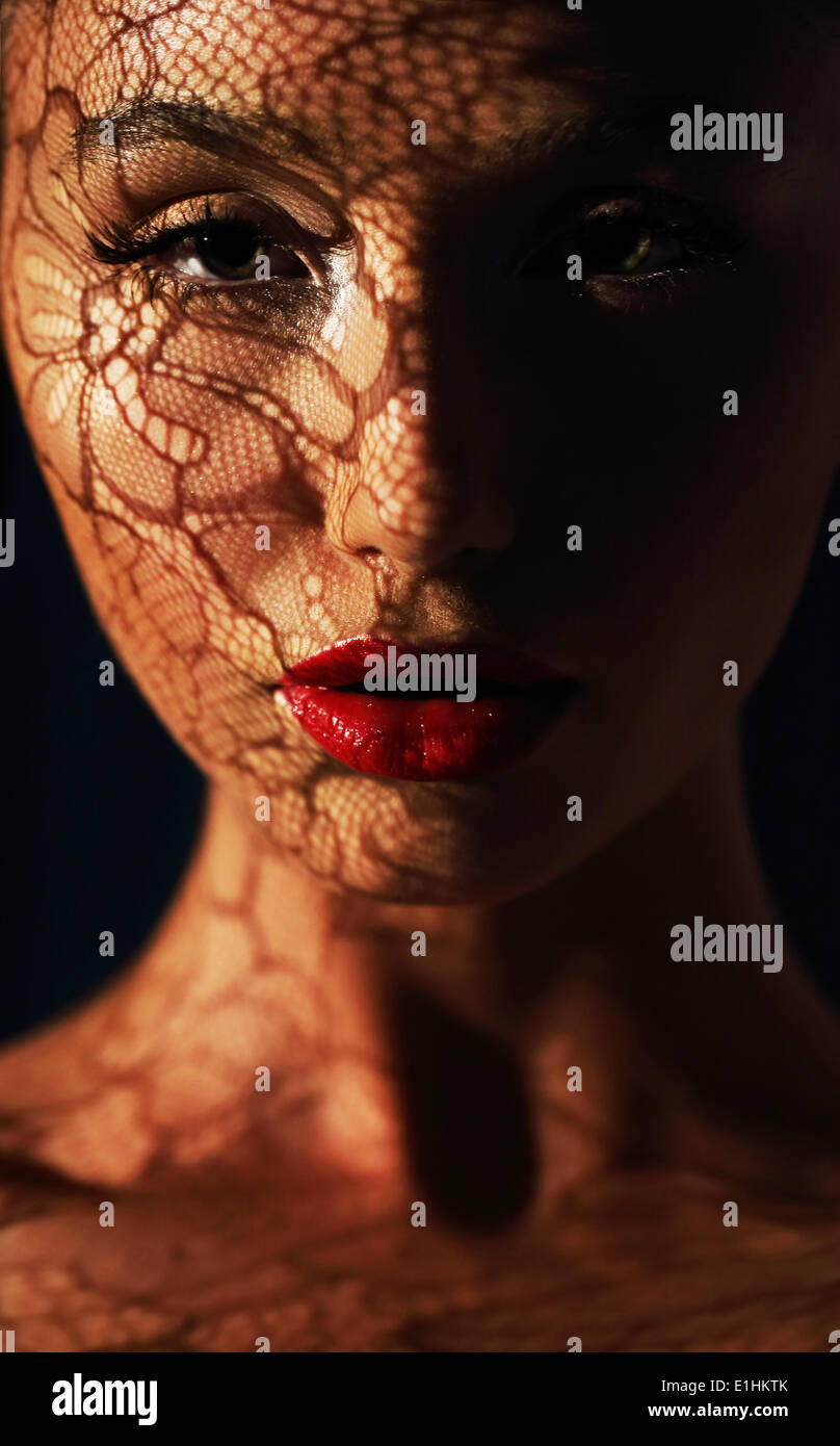 Reflection. Woman in Shadows with Reflection of Openwork Lace on her ...