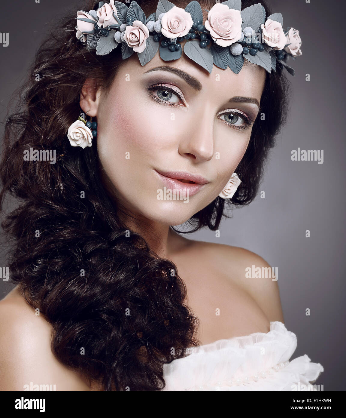 Attractiveness. Perfection. Fascinating Cutie wearing Wreath Of Flowers ...