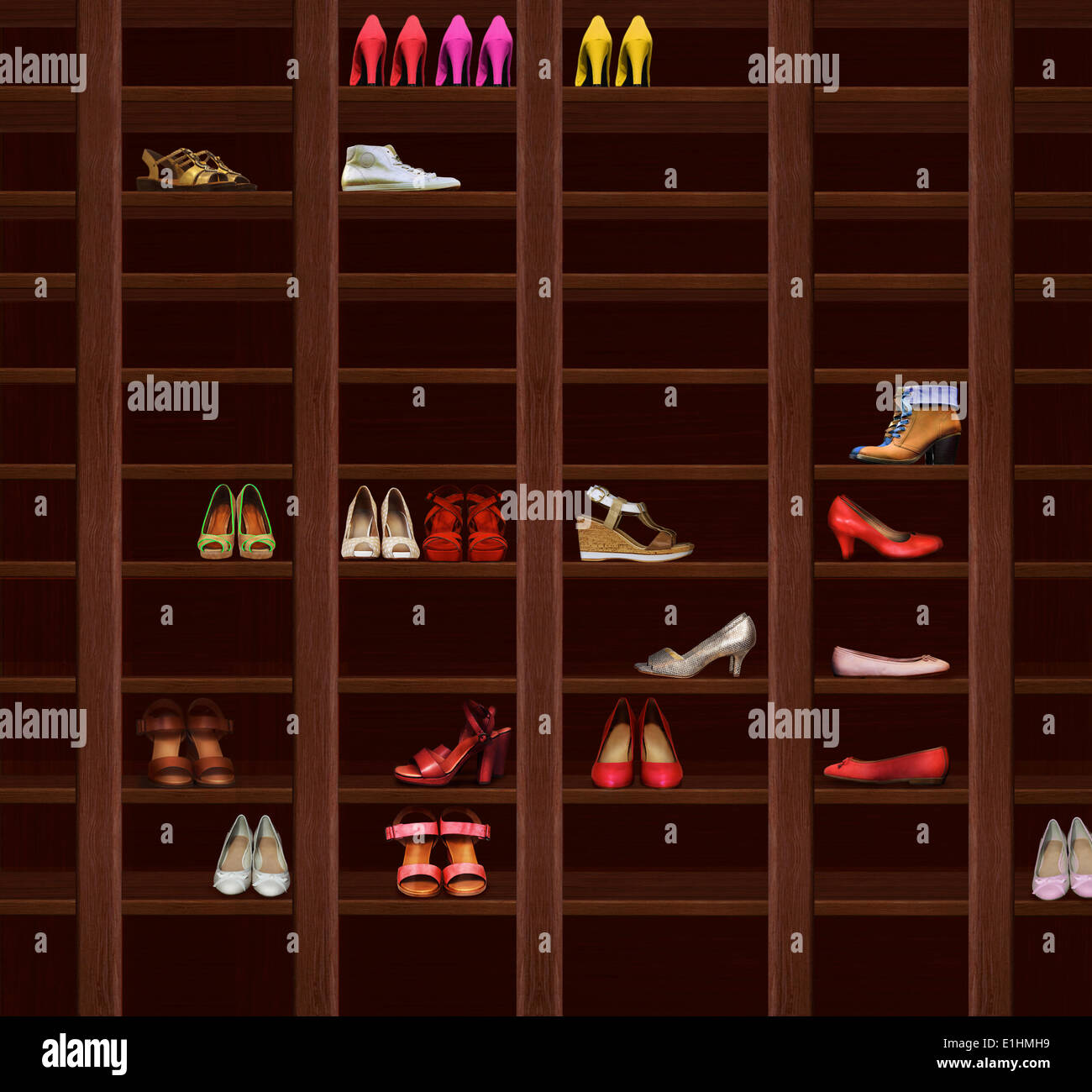 Wardrobe. Brown Wood Shelves with Women's Shoes. Fashion Stock Photo ...